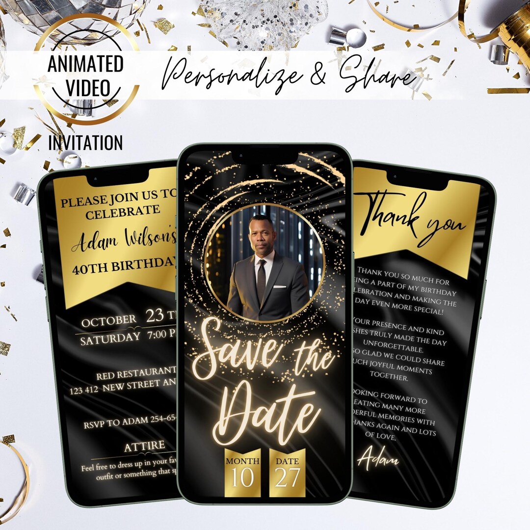 Black & Gold Save the Date Birthday Video Invitation, Digital 40th ...