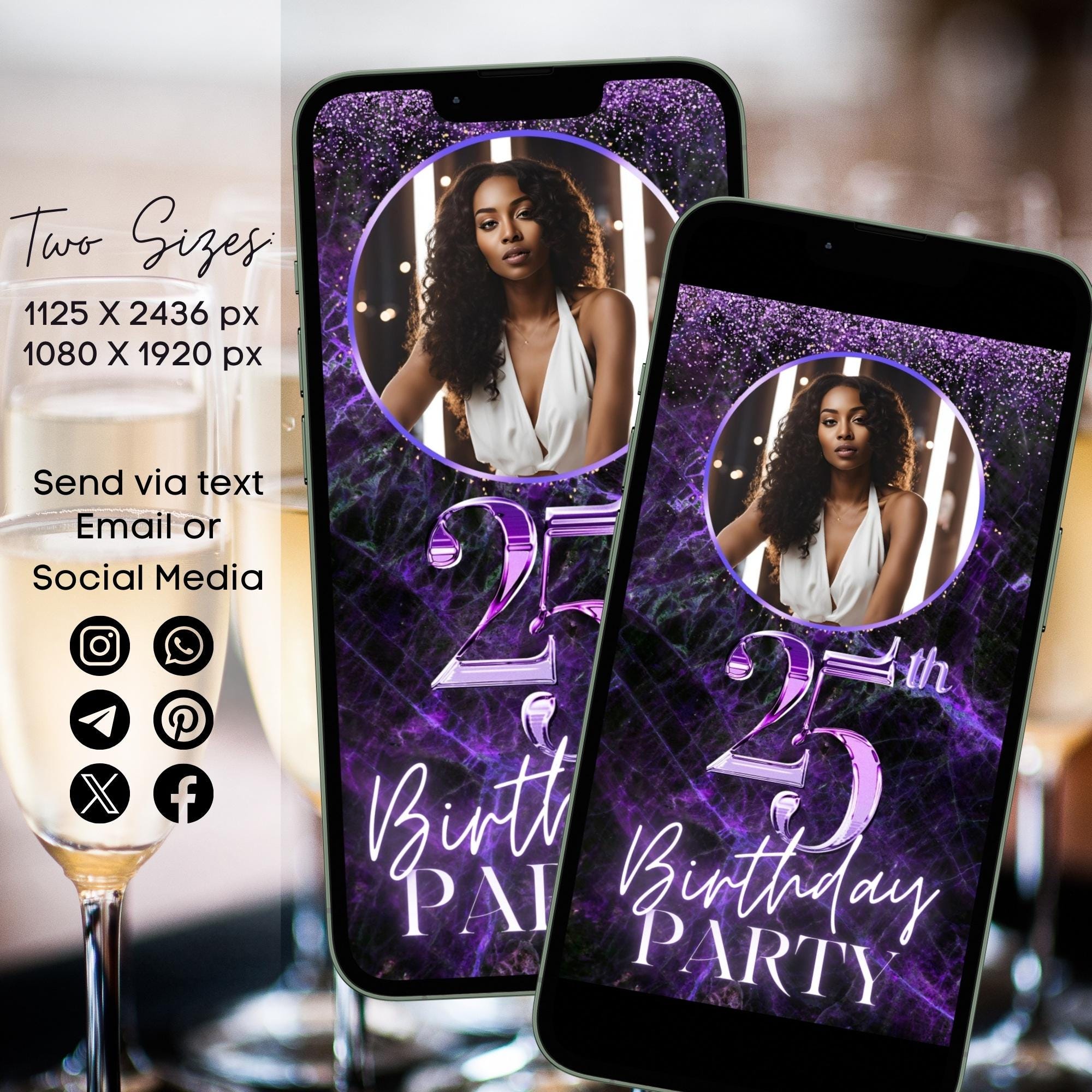 Animated Purple 25th Birthday Photo Invitation, Glitter Birthday Party ...