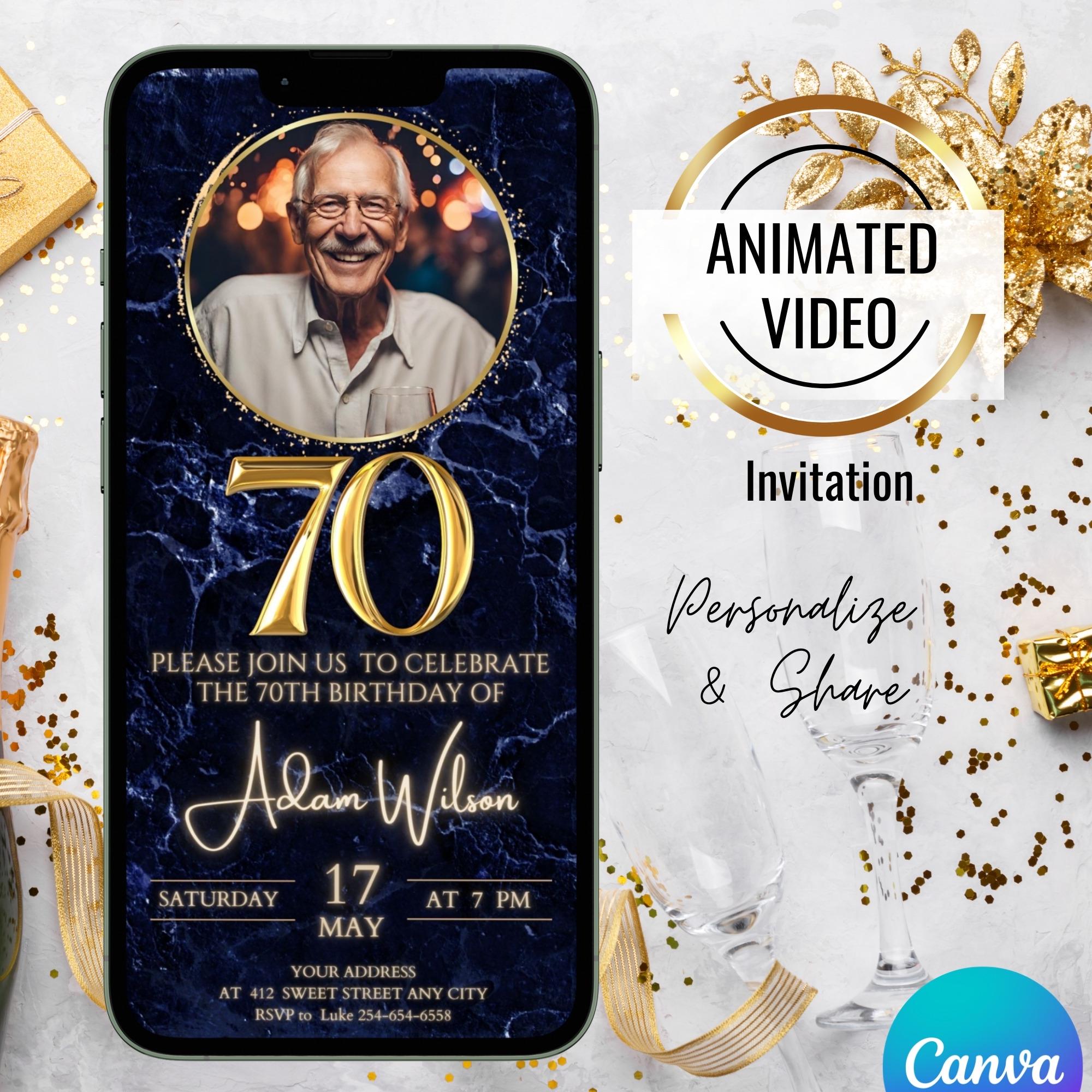 Animated Navy Blue 70th Birthday Photo Invitation, Editable Text Gold ...
