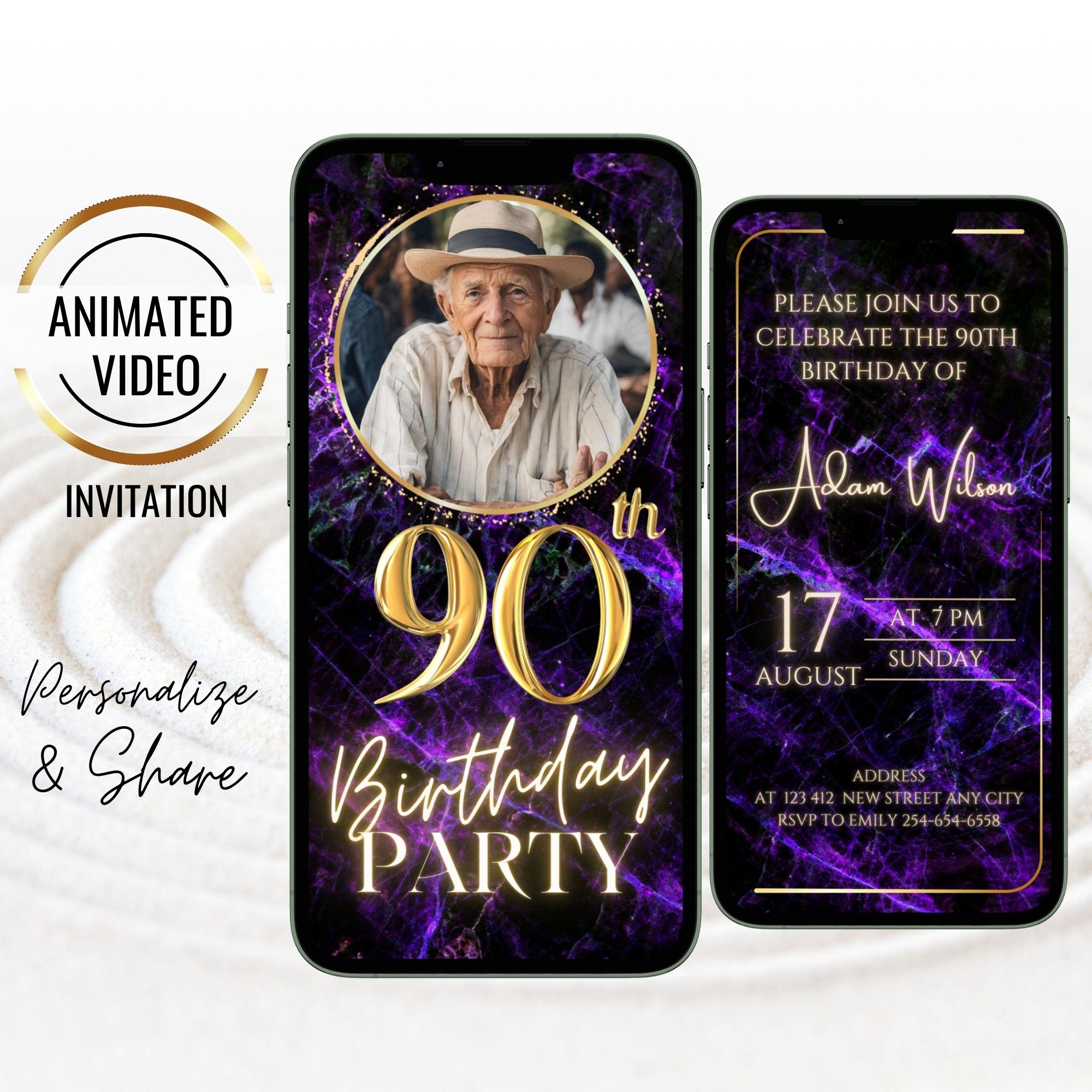 Purple Animated 90th Birthday Photo Invitation, Gold Glitter Birthday ...
