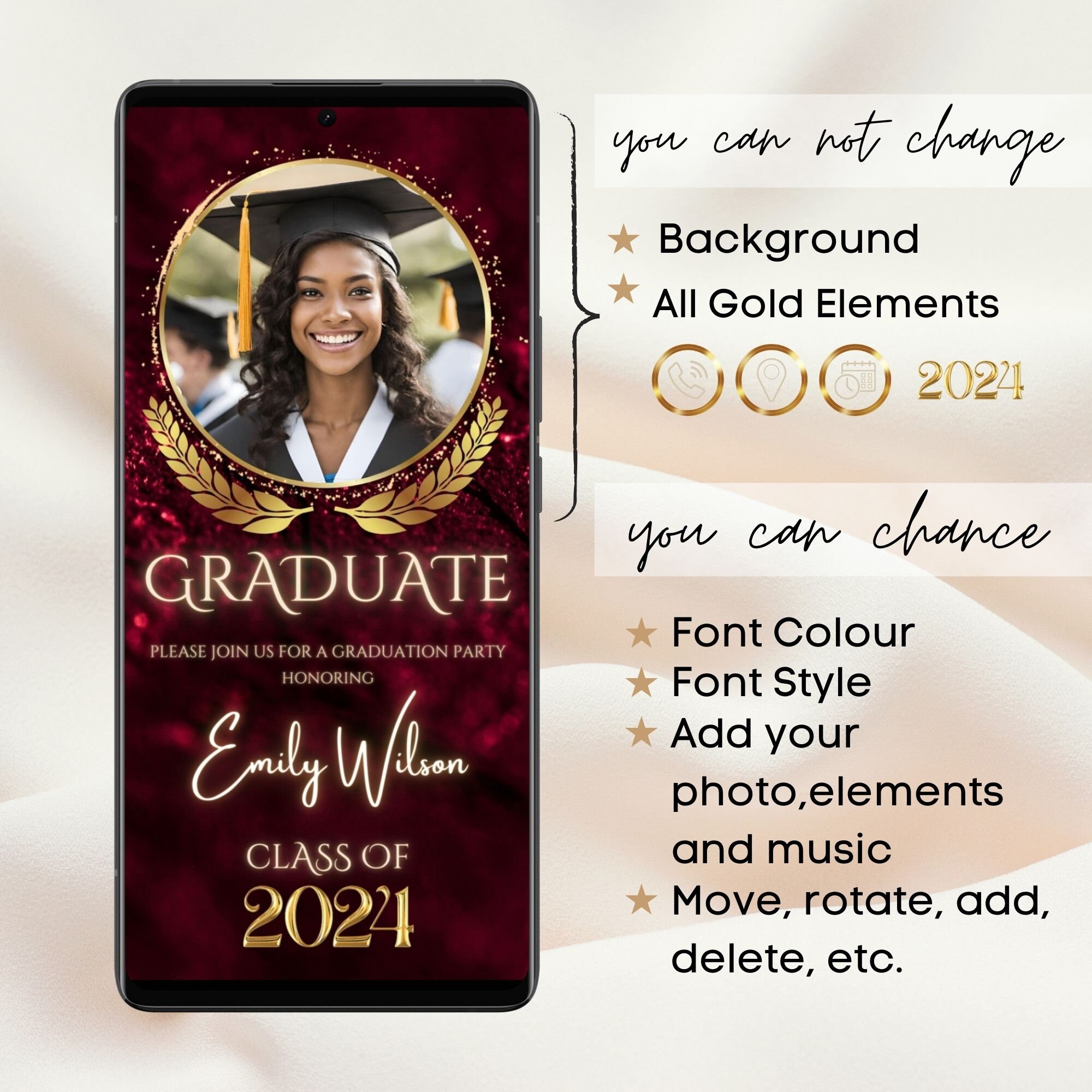 2024 Maroon Gold Graduation Party Photo Invitation, Animated Grad ...