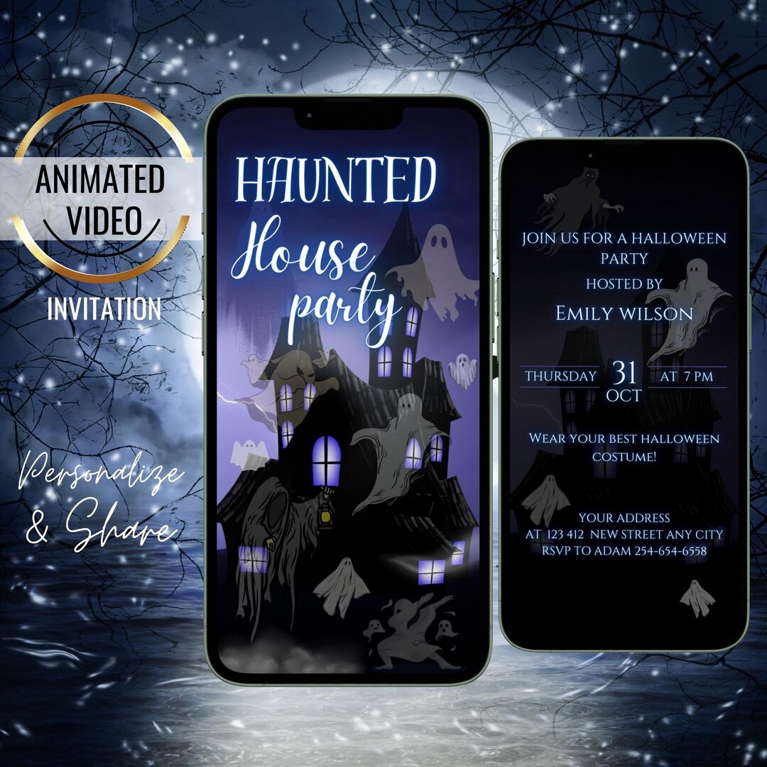 Ghosts Haunted House Party Animated Invite, Halloween Costume Party ...