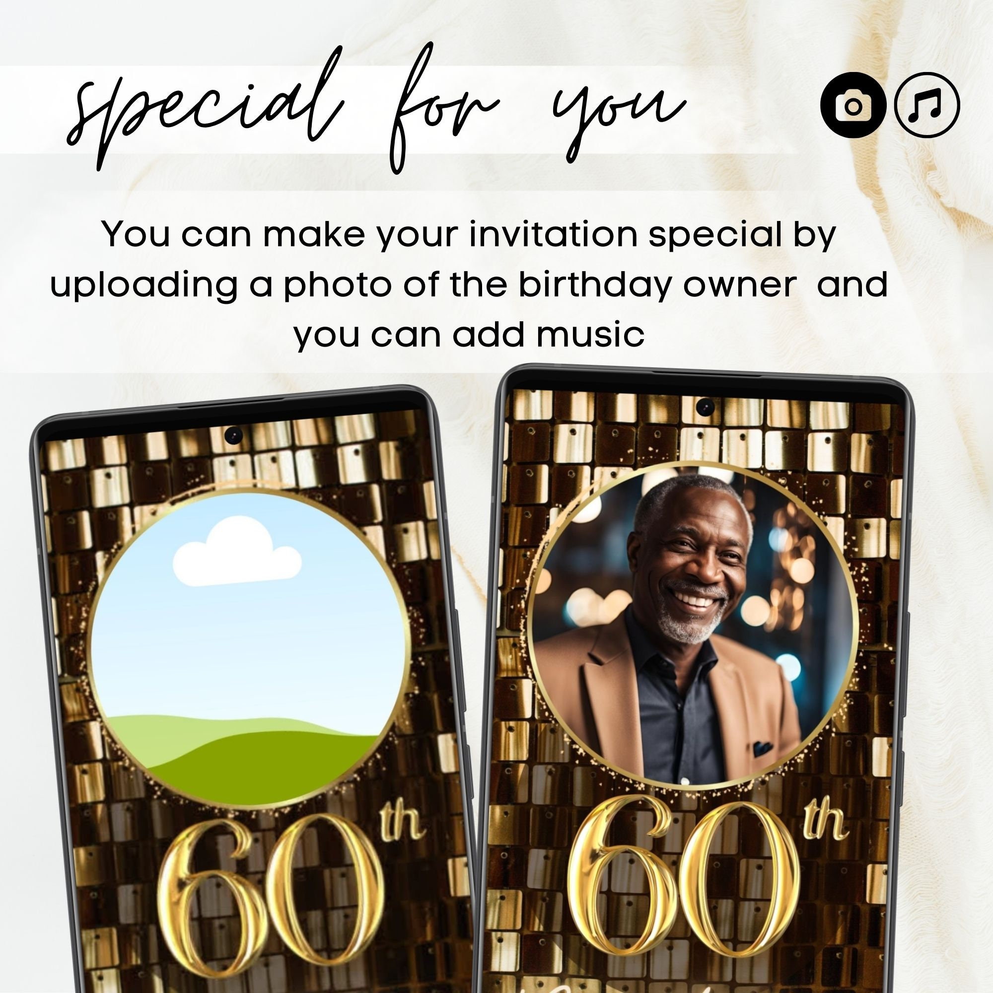 Animated Black Gold 60th Birthday Photo Invitation, Editable Digital ... Animated Black Gold 60th Birthday Photo Invitation, Editable Digital ...