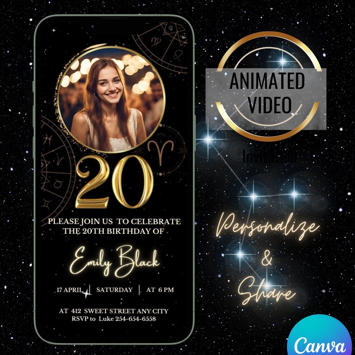 Digital Aries Sign 20th Birthday Photo Invitation, Animated Astrology ...