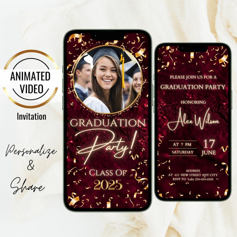 2025 Maroon Gold Graduation Party Photo Invitation, Animated Grad ...