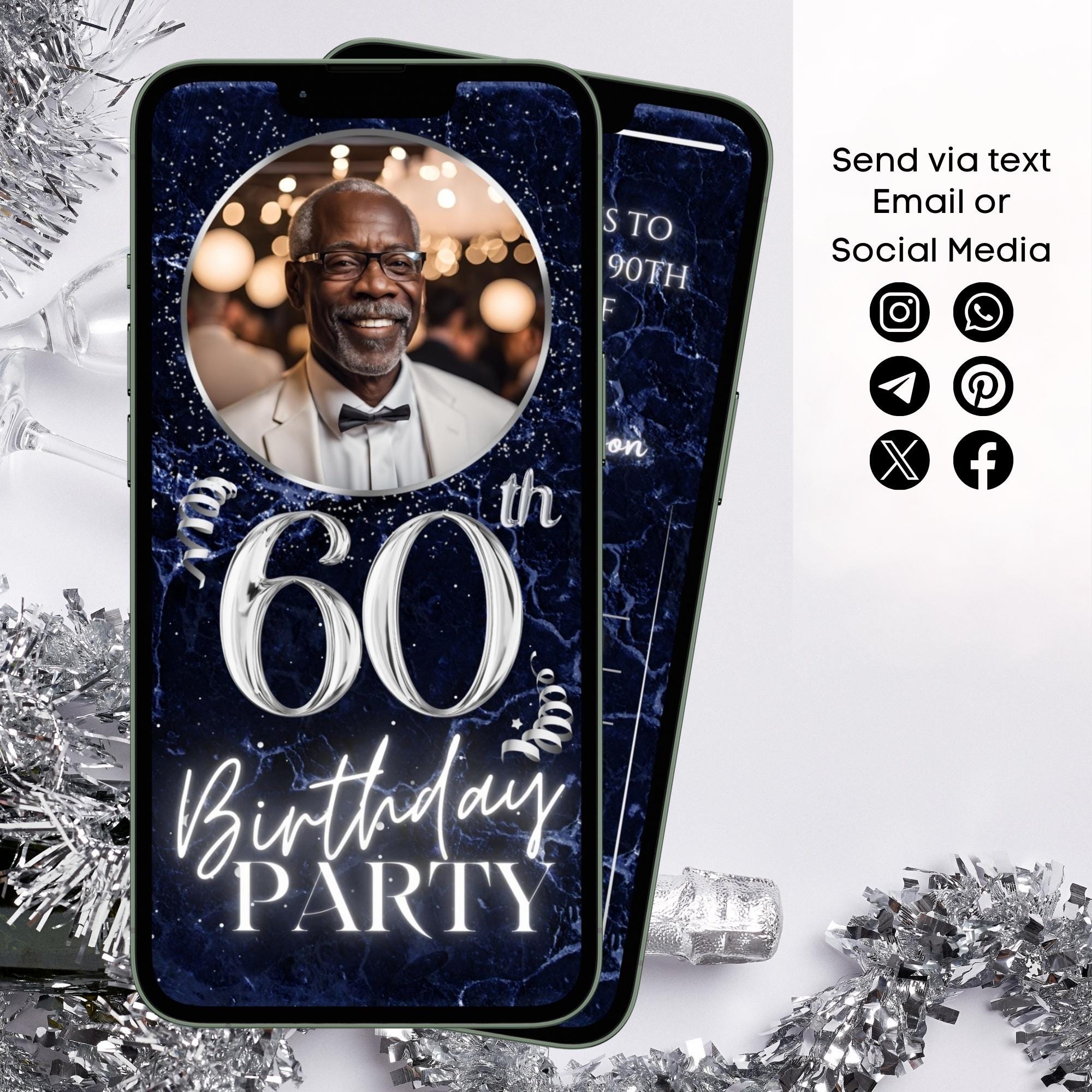 Animated 60th Birthday Invitation, Navy Birthday Dinner Invite, Silver ...