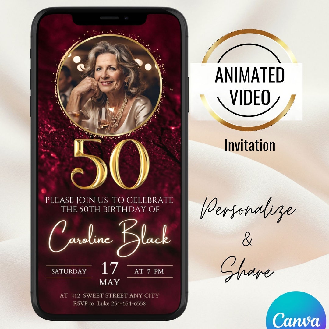 Animated Maroon 50th Birthday Photo Invitation, Digital Gold 50th ...
