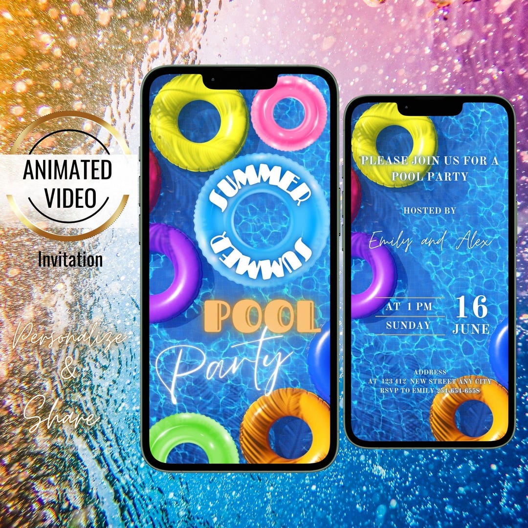 Animated Pool Party Invite, Swim Rings Summer Party Digital Invitation ...
