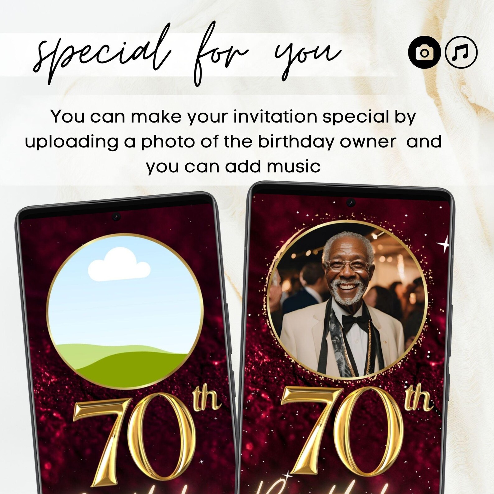 Animated Maroon Gold 70th Birthday Photo Invitation, Digital 70th ...