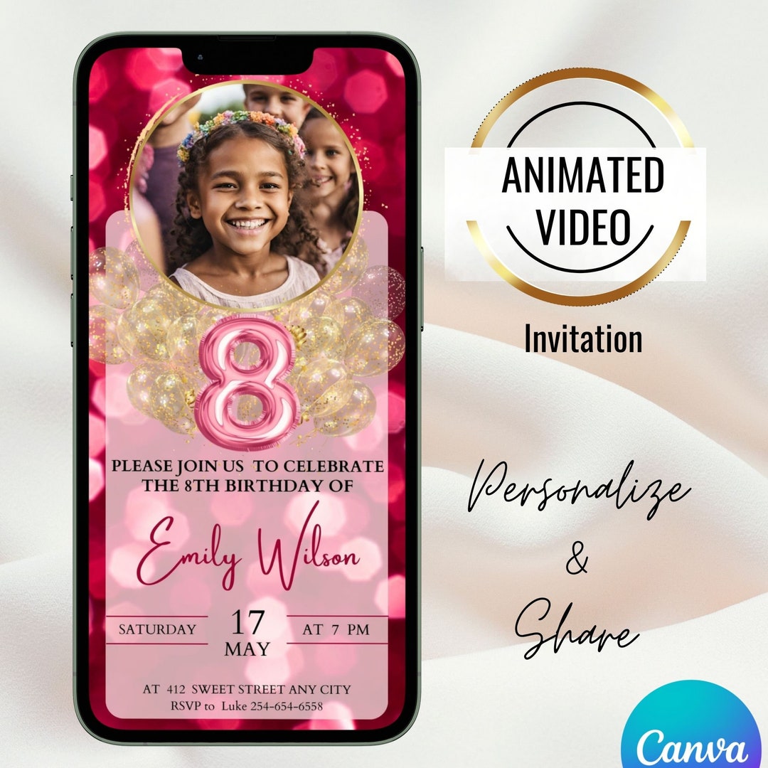 Animated Pink Lights 8TH Birthday Photo Invitation, Digital Balloon 8th ...