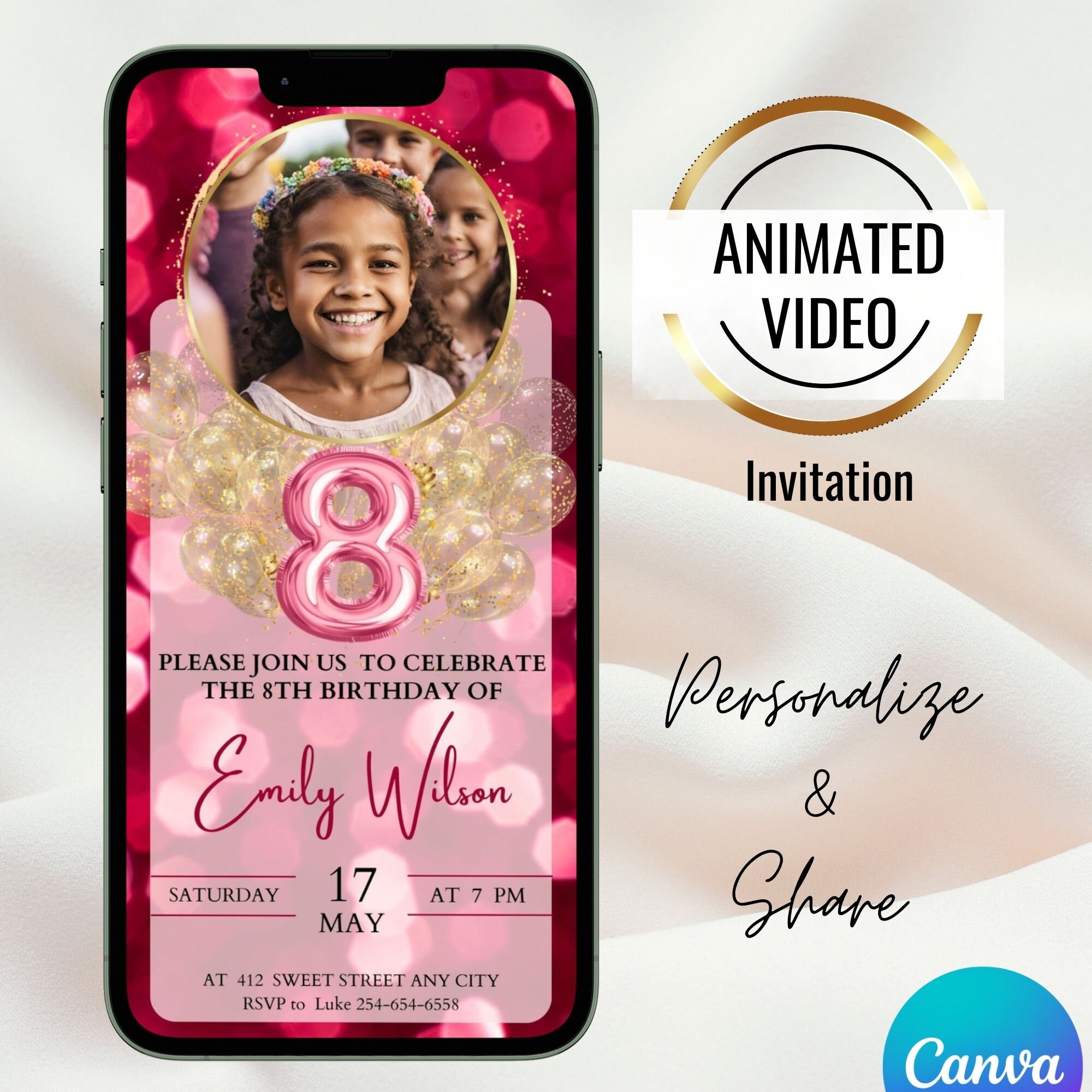 Animated Pink Lights 8TH Birthday Photo Invitation, Digital Balloon 8th ...