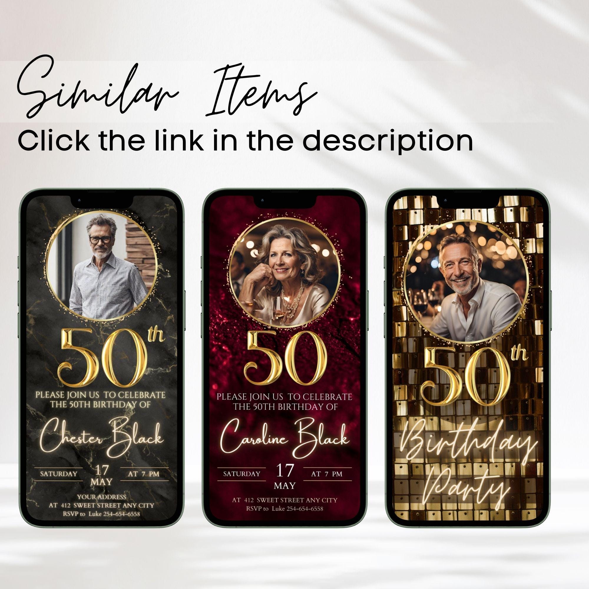 Animated Maroon 50th Birthday Dinner Photo Invitation, Gold 50th ...