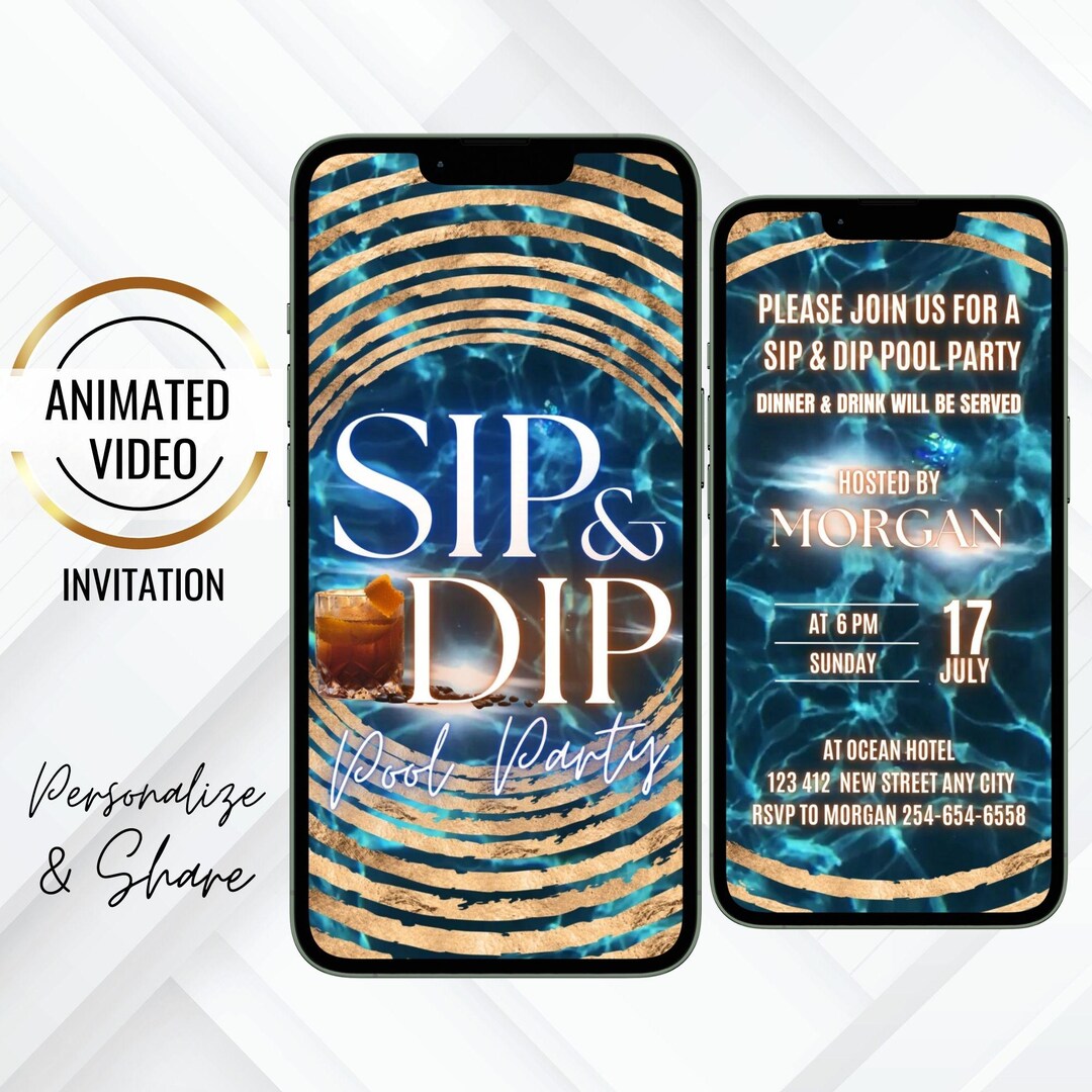 SIP & DIP Pool Party Animated Invite, Whiskey Theme Invitation, Adult Swimming Party Evite ...