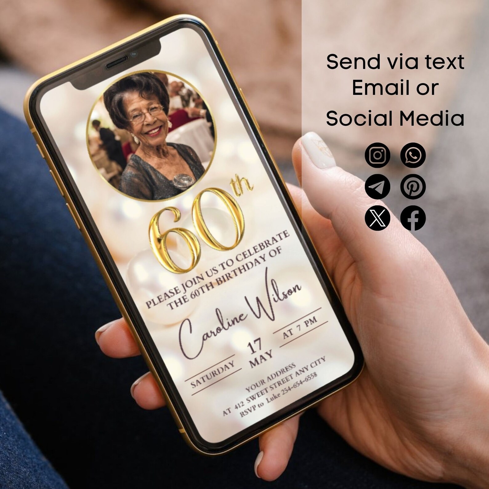 Pearl Animated Gold 60th Birthday Photo Invitation, Digital Elegant ...