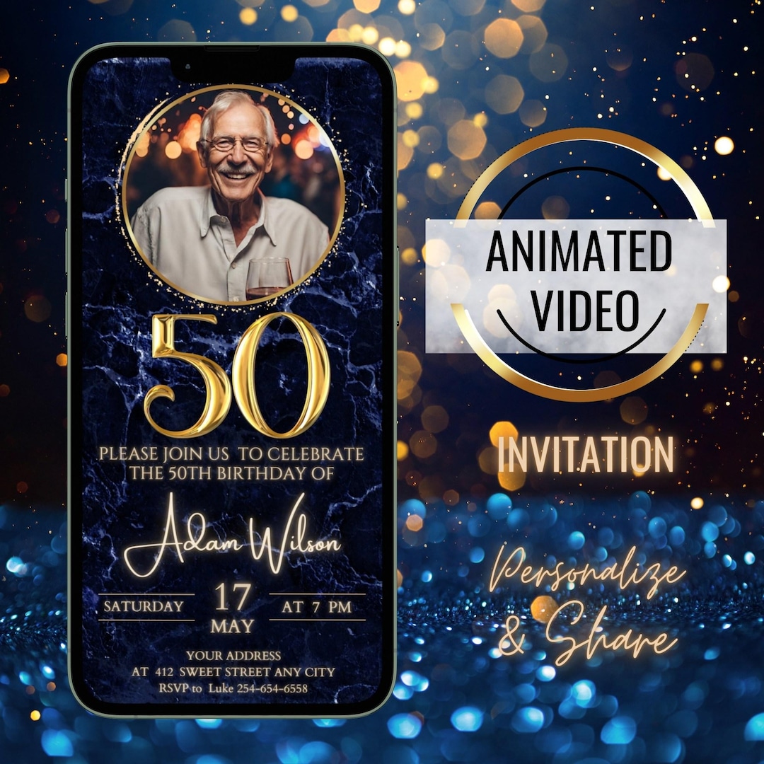 Navy Blue 50th Birthday Party Invitation, Gold 50th Birthday Dinner ...