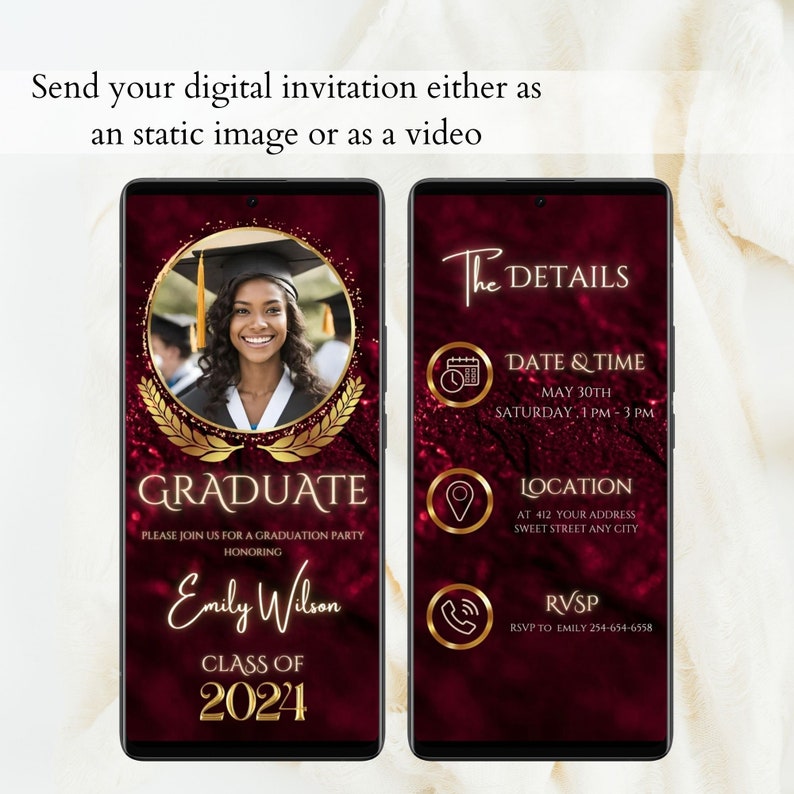 2024 Maroon Gold Graduation Party Photo Invitation, Animated Grad ...
