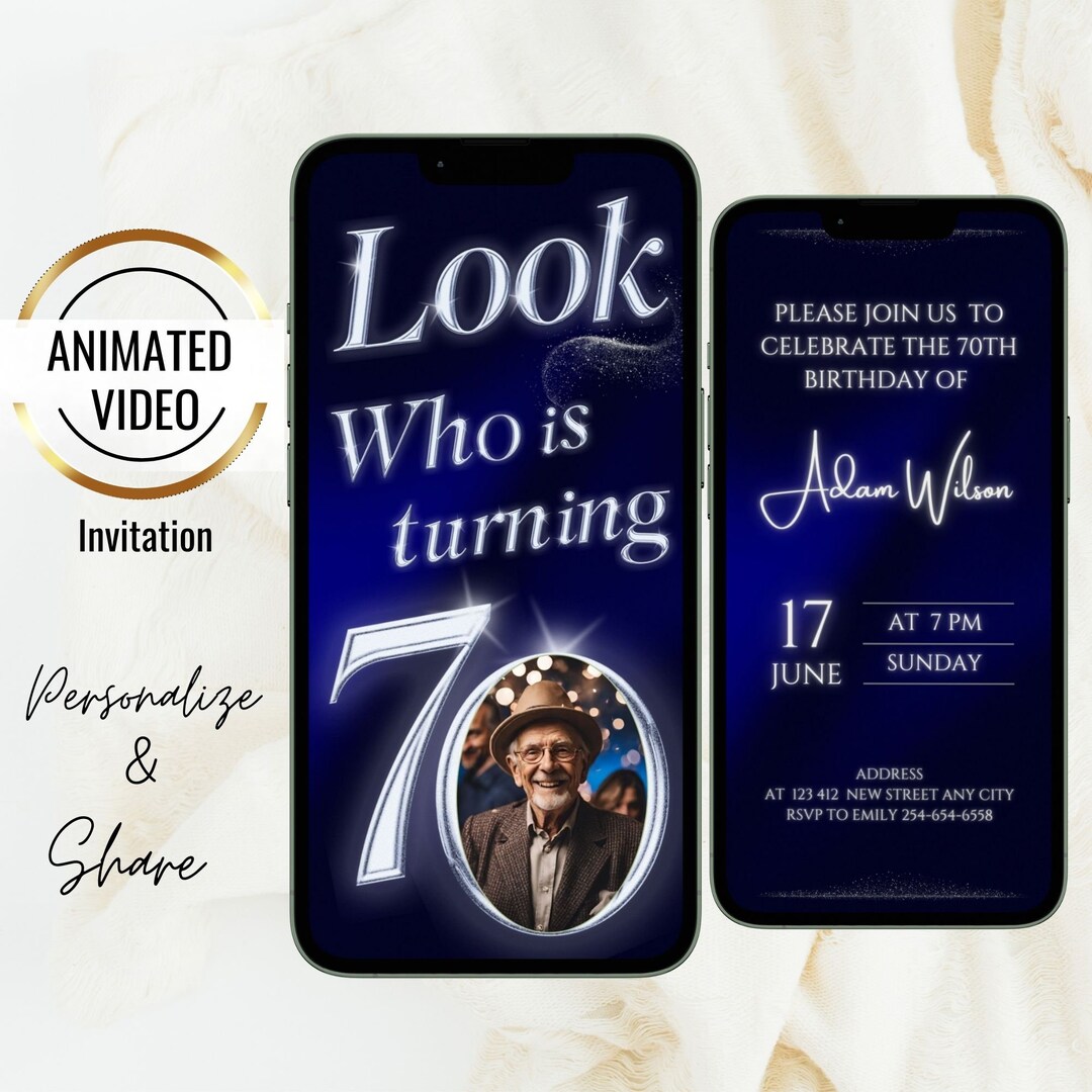 Animated Navy Blue Silver 70th Birthday Photo Invitation, Editable Text ...