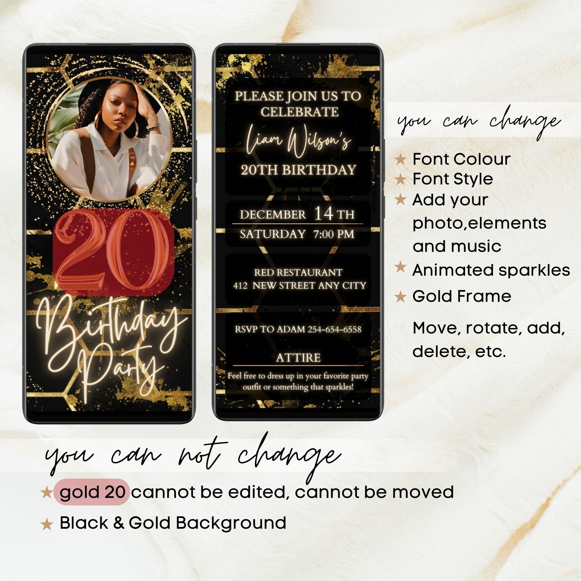 20th Birthday Invitation, Digital Black and Gold 20th Birthday Party ...