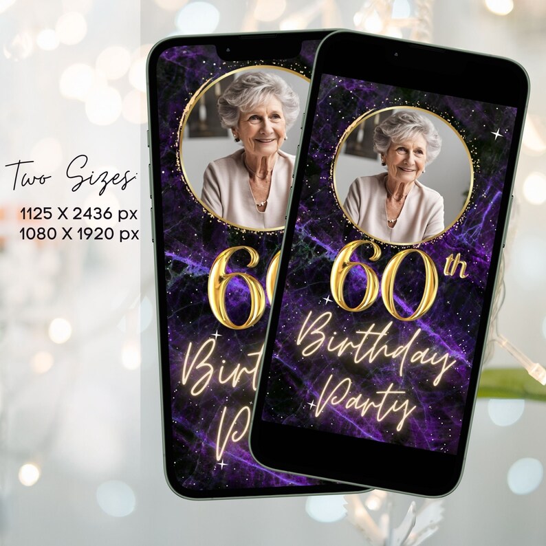 Animated Purple 60th Birthday Photo Invitation, Digital Gold Glitter ...