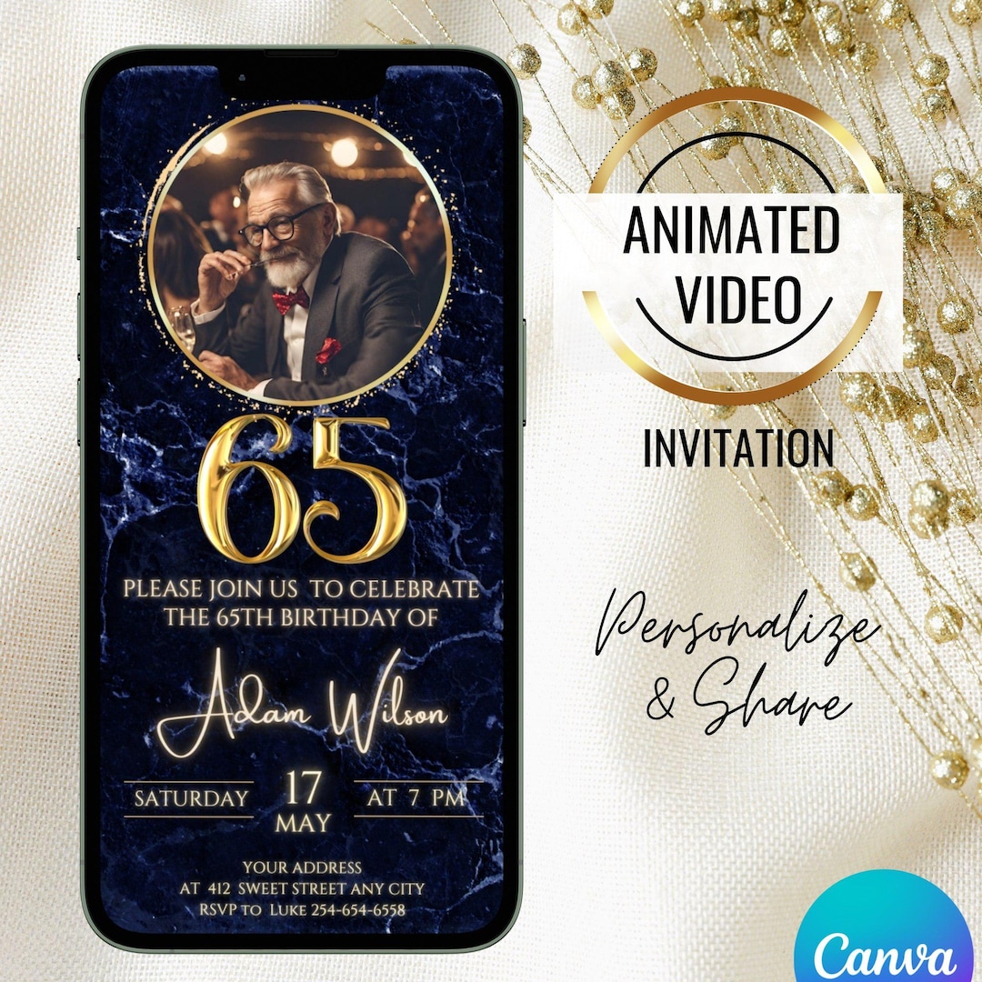 Navy Blue 65th Birthday Invitation, Animated Gold Photo Invitation ...