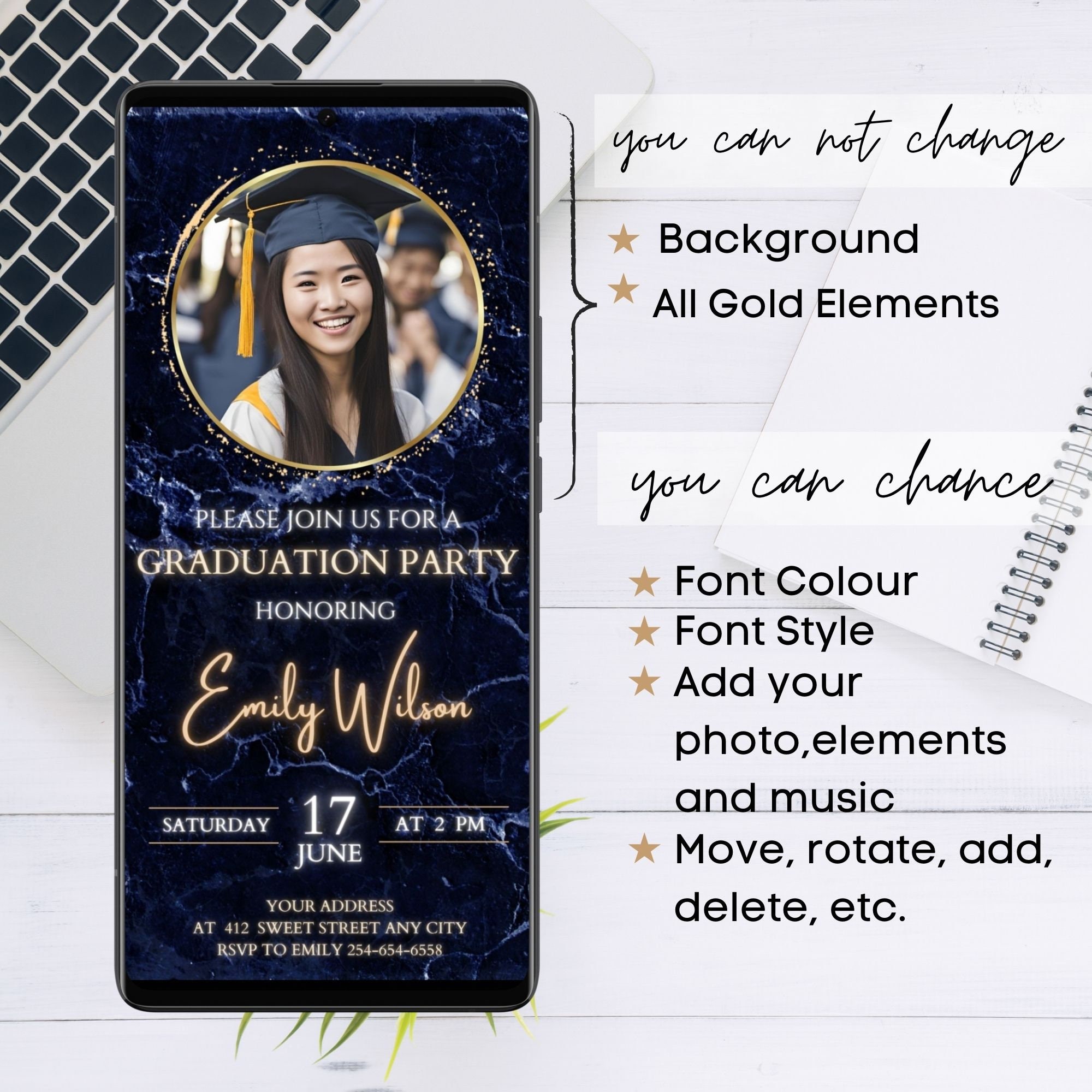 Digital Navy Blue Gold Graduation Party Photo Invitation, Animated 2024 ...