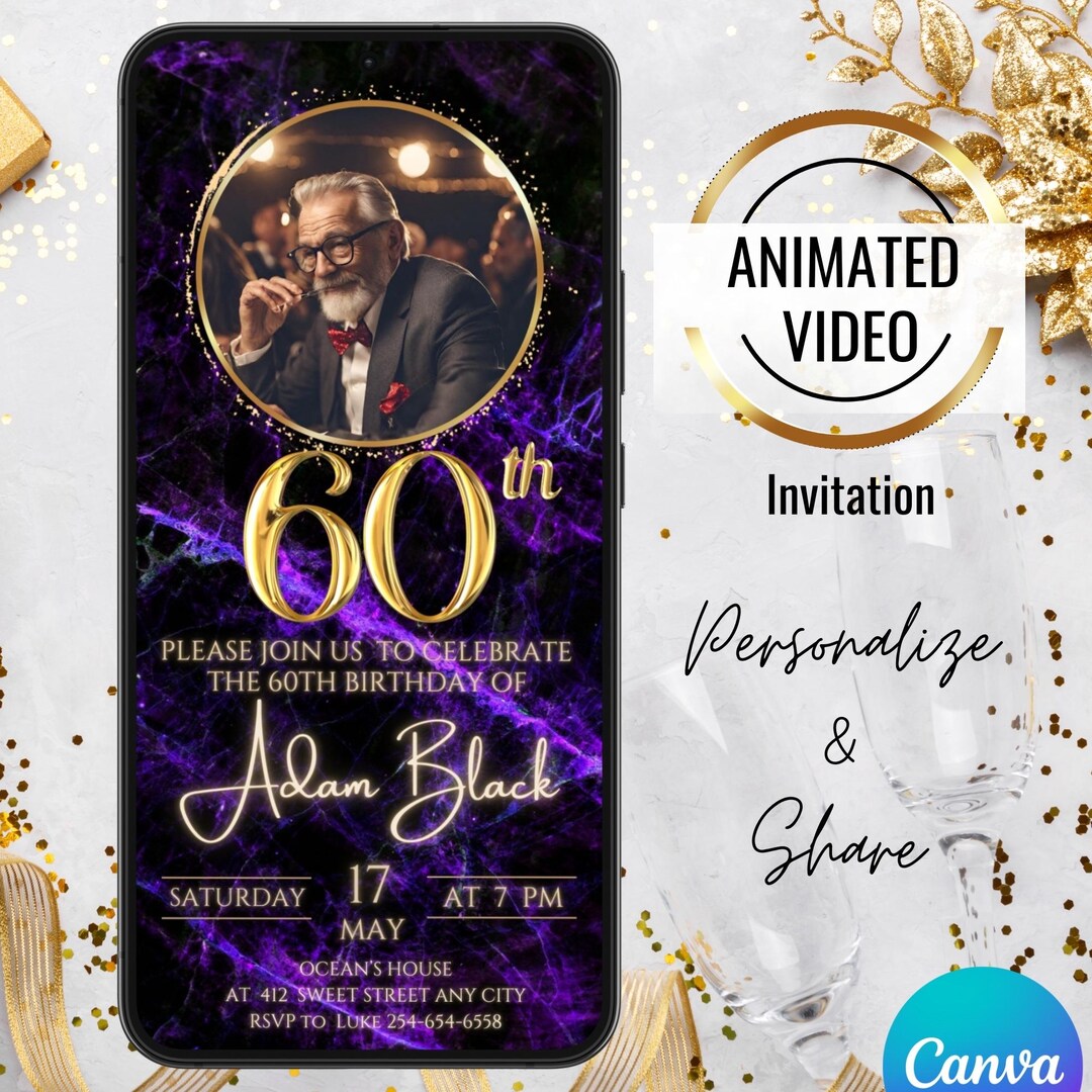 Animated Purple Gold 60th Birthday Photo Invitation, Editable Text ...