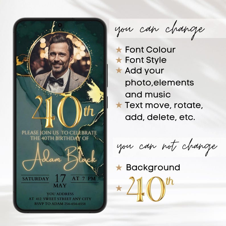 Digital Emerald Gold 40th Birthday Photo Invitation, Green Editable ...