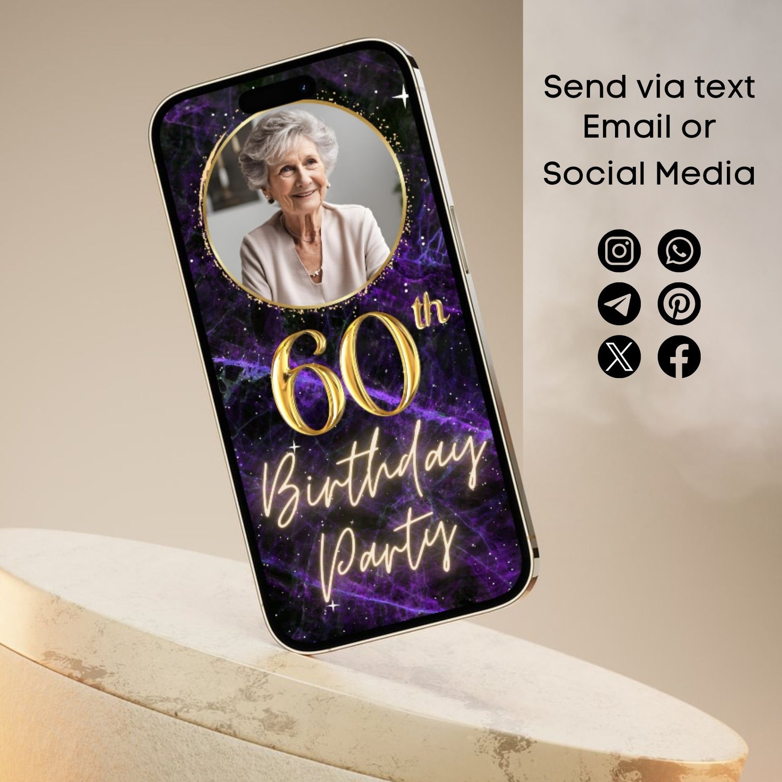 Animated Purple 60th Birthday Photo Invitation, Digital Gold Glitter ...