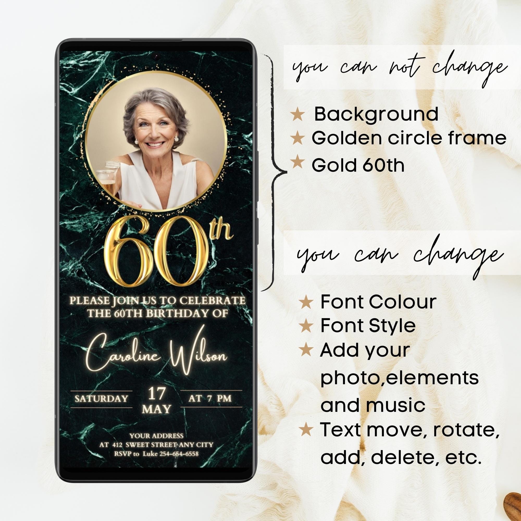 Animated Dark Green 60th Birthday Photo Invitation, Editable Birthday ...