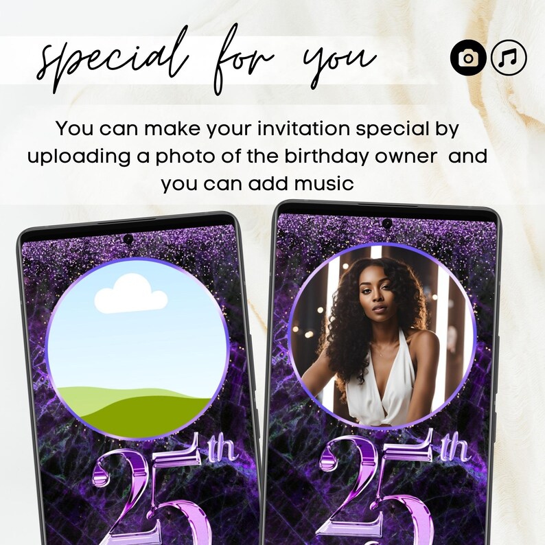 Animated Purple 25th Birthday Photo Invitation, Glitter Birthday Party ...