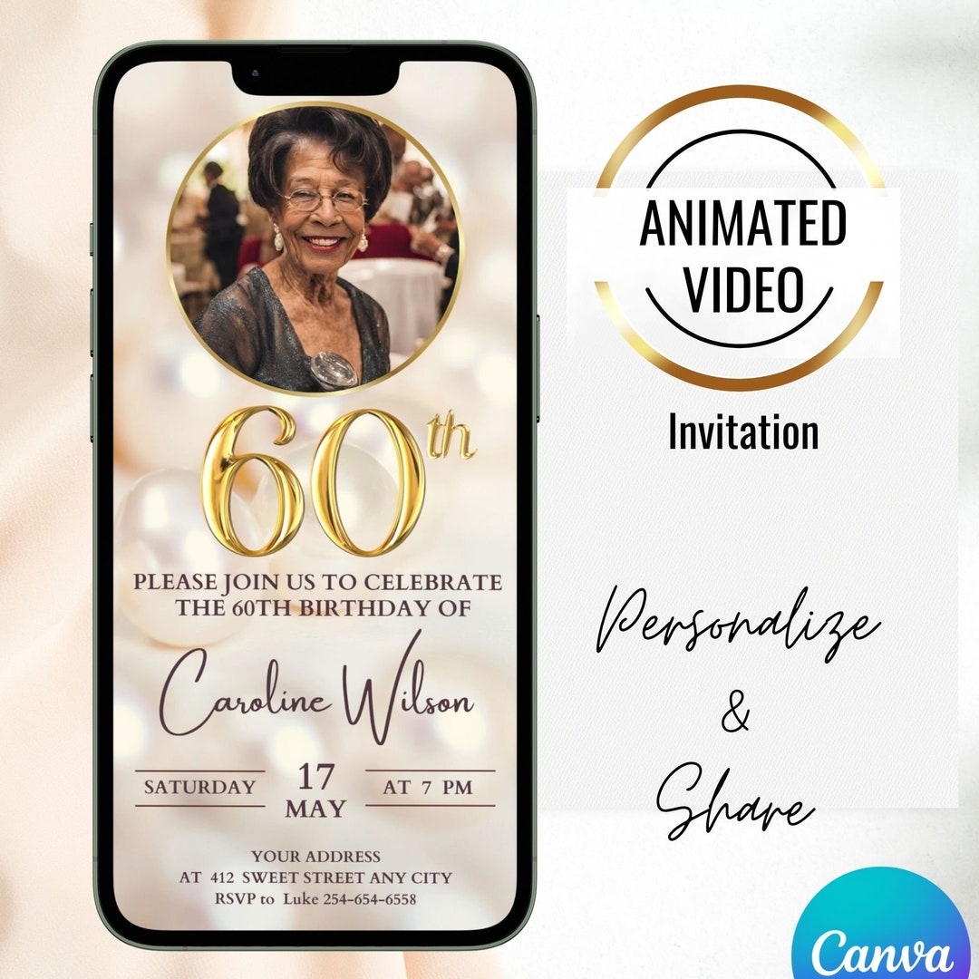 Pearl Animated Gold 60th Birthday Photo Invitation, Digital Elegant ...