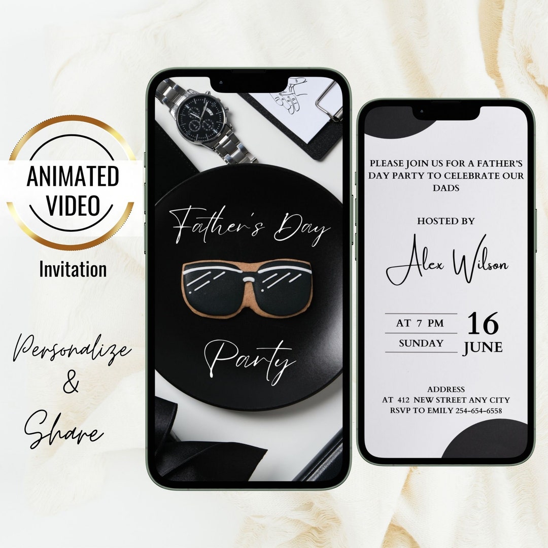 Animated Black White Fathers Day Party Invitation, Digital Fathers Day ...