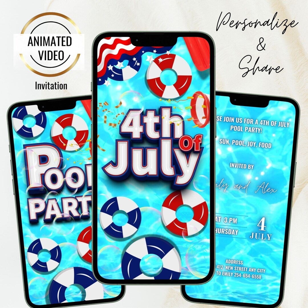 Animated 4th of July Pool Party Invitation, Pool Floats Fourth of July ...