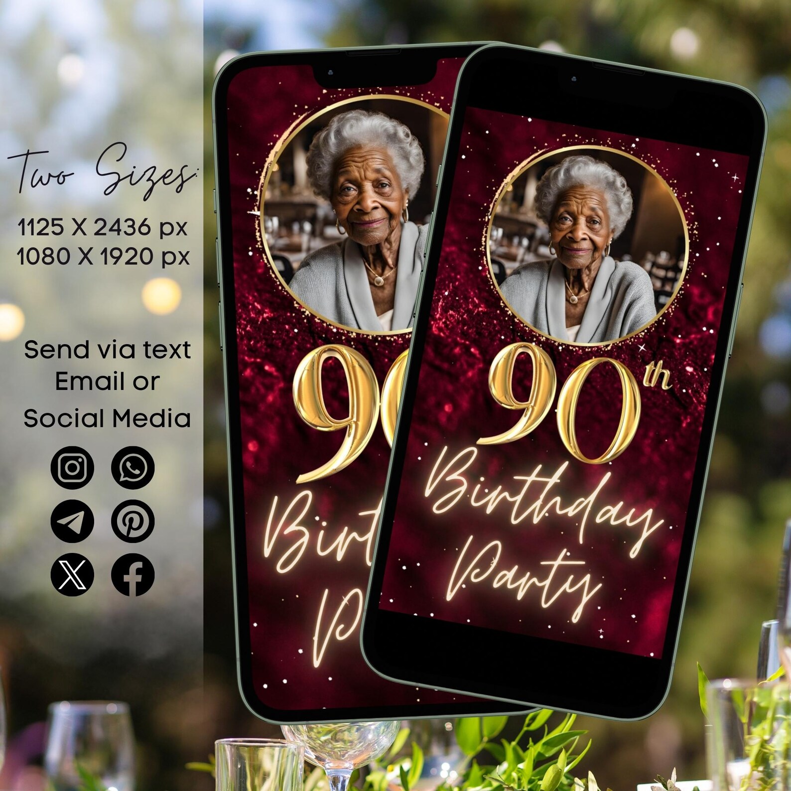 Maroon Animated 90th Birthday Photo Invitation, Gold Glitter Birthday ...