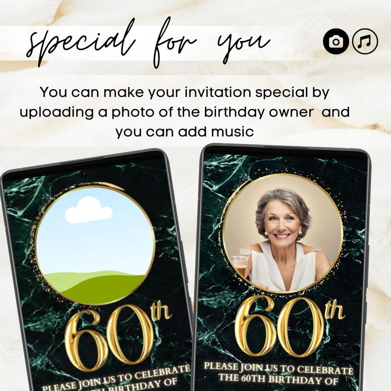 Animated Dark Green 60th Birthday Photo Invitation, Editable Birthday ...