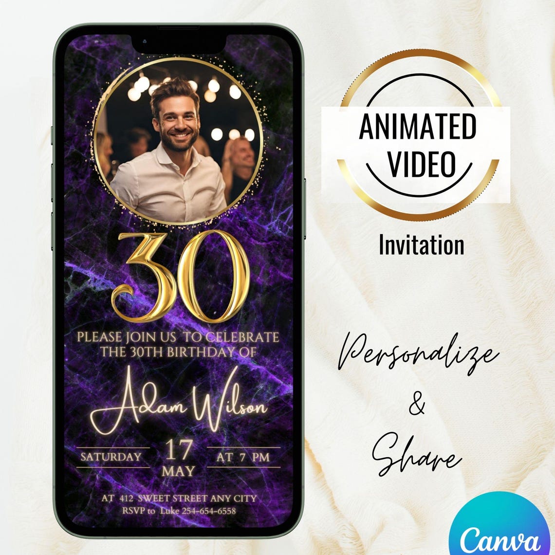 Animated Purple Gold 30th Birthday Photo Invitation, Digital 30th ...