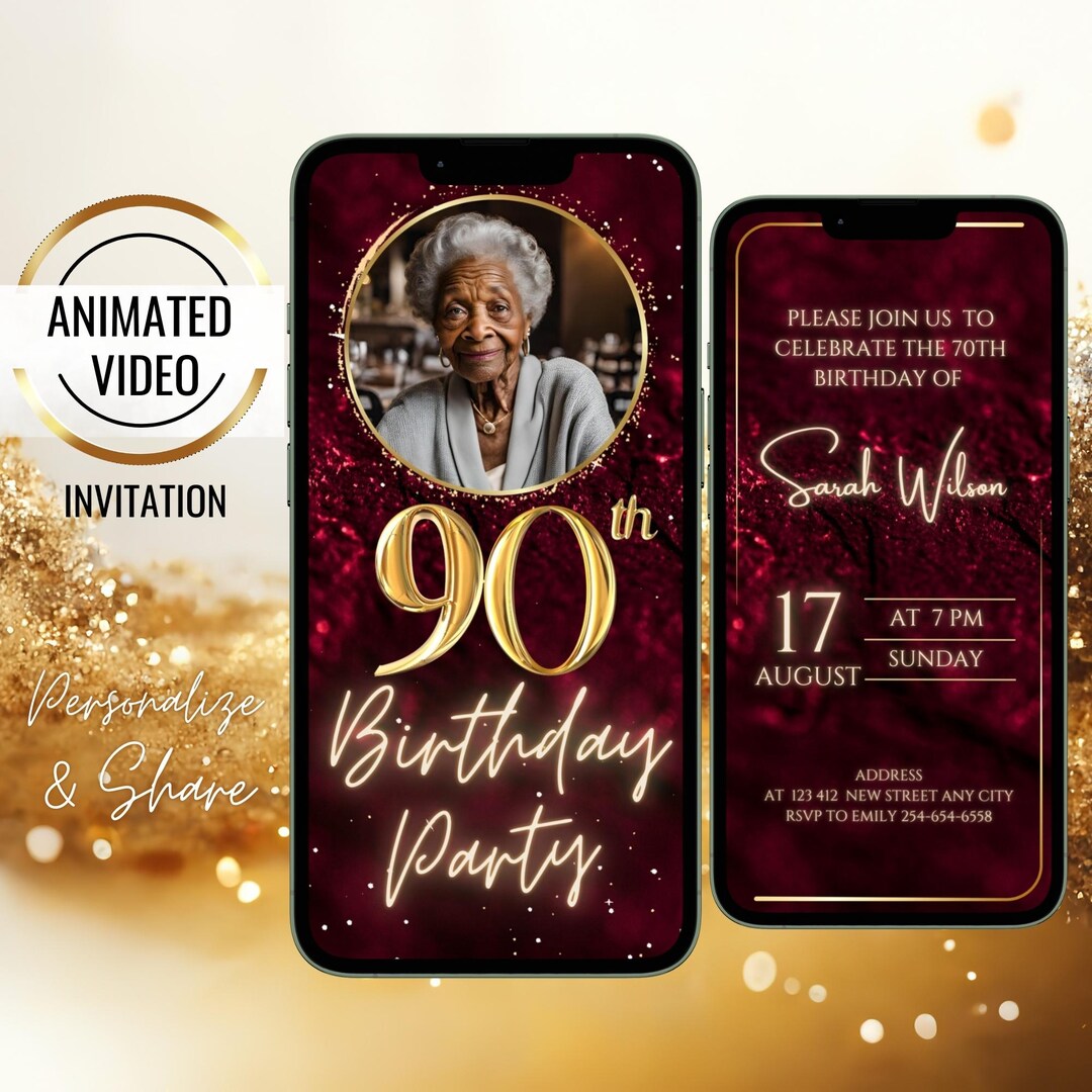 Maroon Animated 90th Birthday Photo Invitation, Gold Glitter Birthday ...