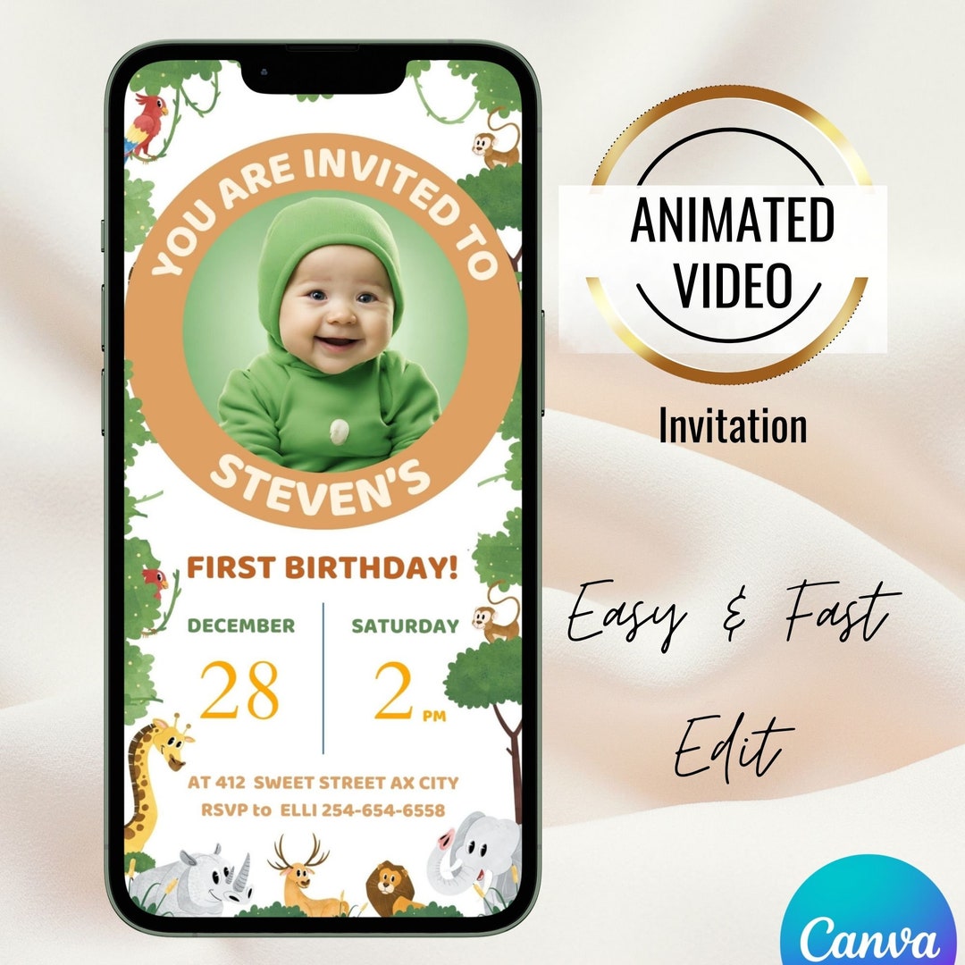 Editable Safari First Birthday Photo Invitation, Digital Jungle 1 St ...