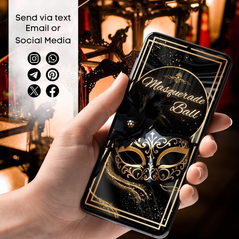 Black & Gold Masquerade Ball Invitation, Masquerade Birthday Party ...