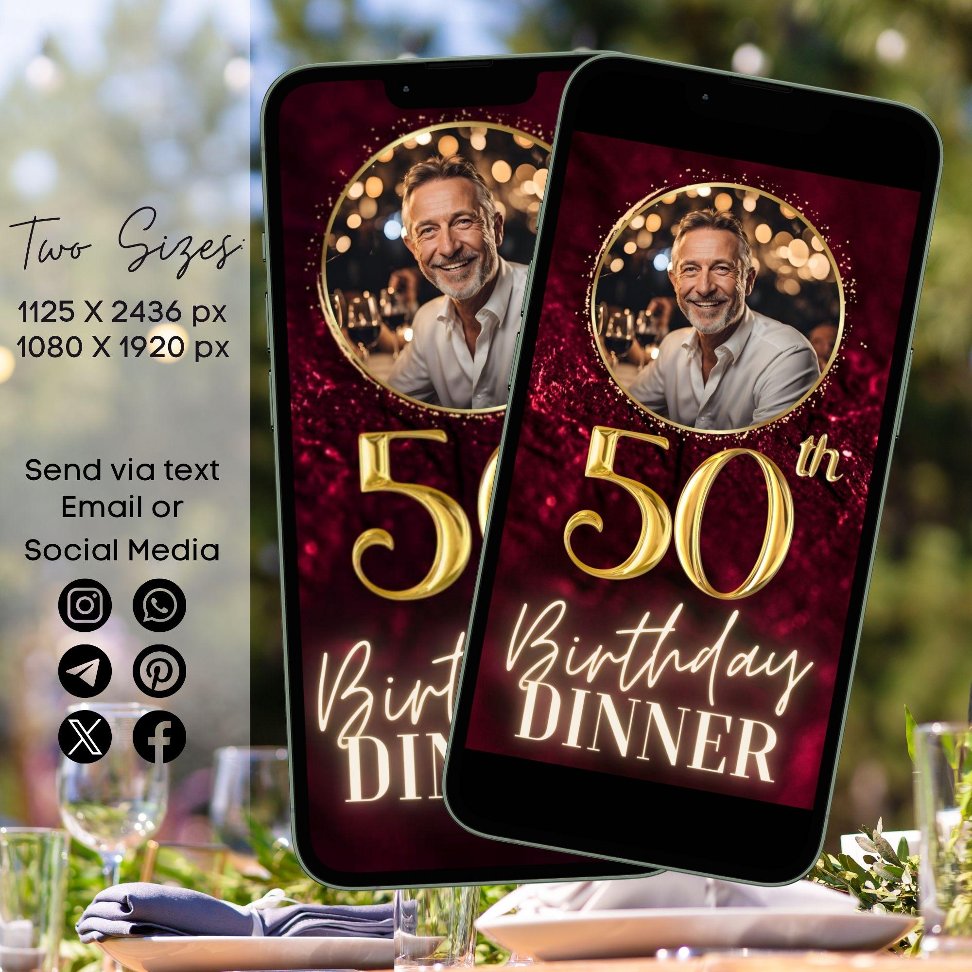 Animated Maroon 50th Birthday Dinner Photo Invitation, Gold 50th ...