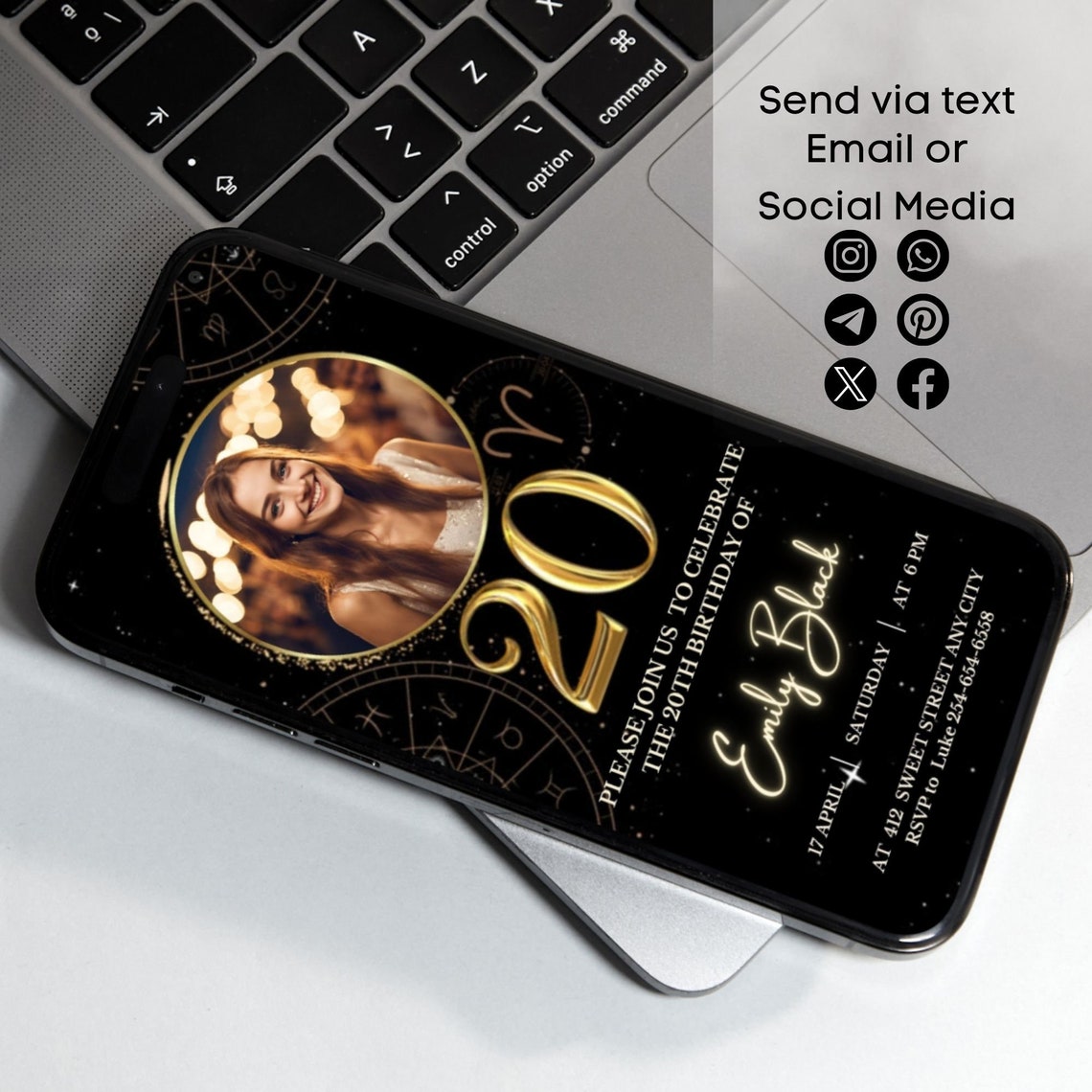 Digital Aries Sign 20th Birthday Photo Invitation, Animated Astrology Symbols 20th Birthday ...