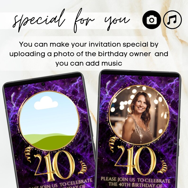 Animated Purple Gold 40th Birthday Photo Invitation, Editable 40th ...