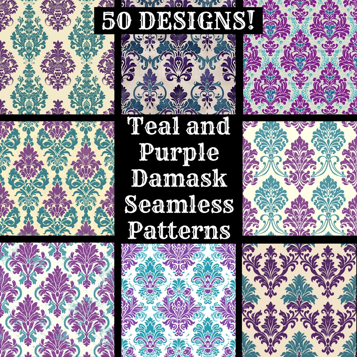 Teal and Purple Damask Seamless Digital Paper, Printable Scrapbook ...