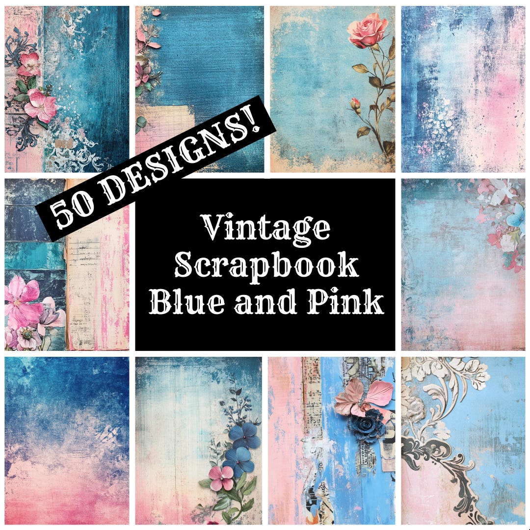 Vintage Scrapbook Blue and Pink Journal Paper, Vintage Scrapbook Blue ...