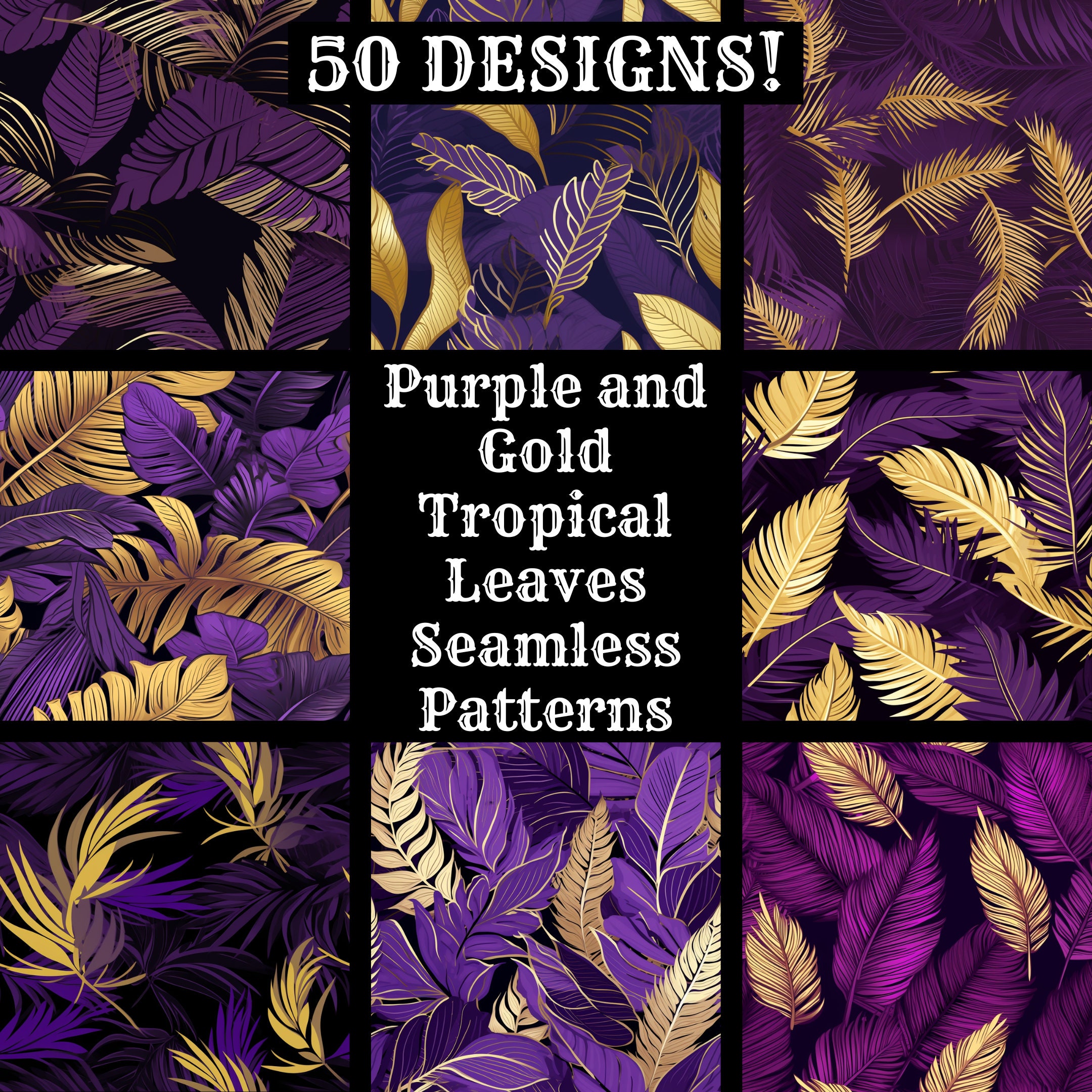Purple and Gold Tropical Leaves Seamless Digital Paper Printable ...