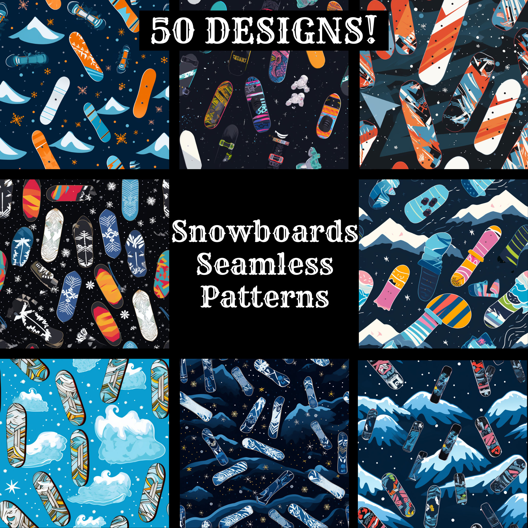 Snowboards Seamless Pattern: 50 PNG Digital Papers (digital Download ...