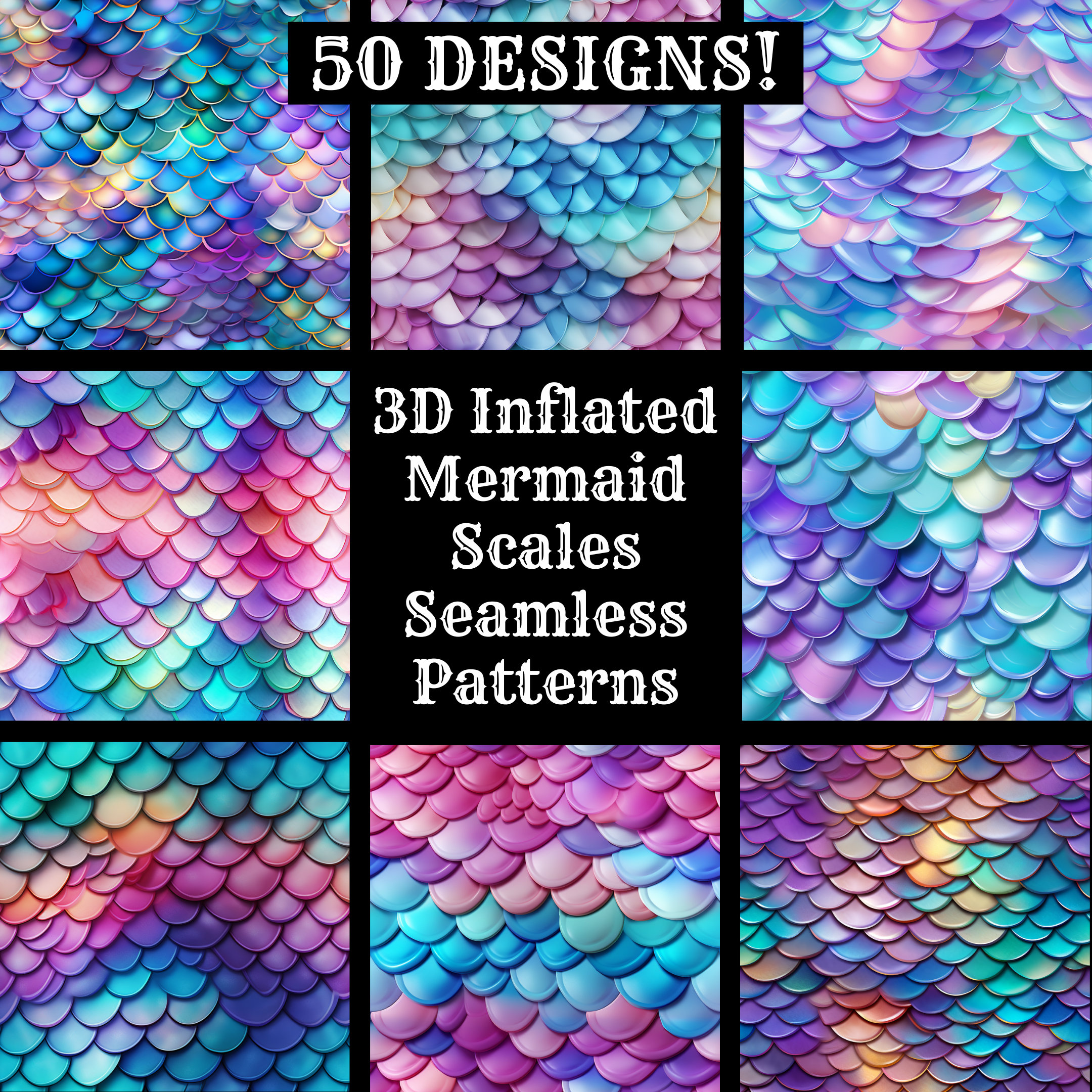 3D Inflated Mermaid Scales Seamless Digital Paper, Printable Scrapbook ...