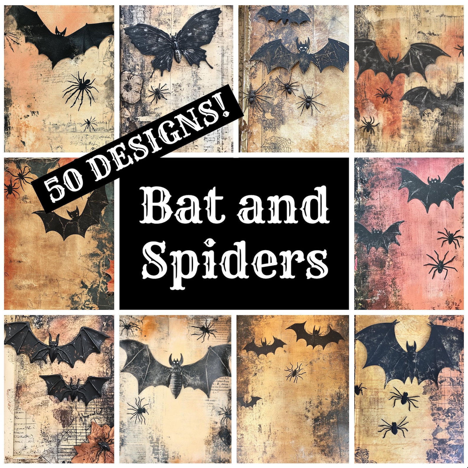 Bat and Spiders Journal Paper: Vintage Halloween Scrapbook (PNG Digital ...