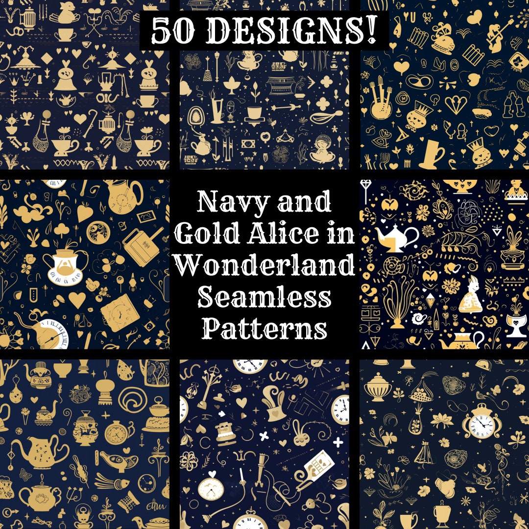 Navy and Gold Alice in Wonderland Seamless Patterns (digital Download ...