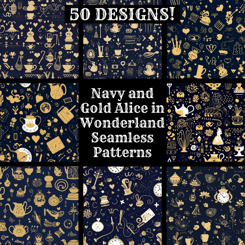 Navy and Gold Alice in Wonderland Seamless Digital Paper Printable ...